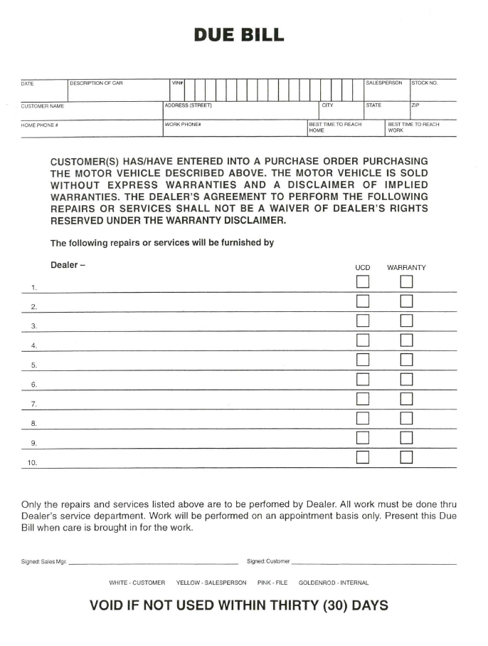 Due Bill Forms (250) – Classic Supplies