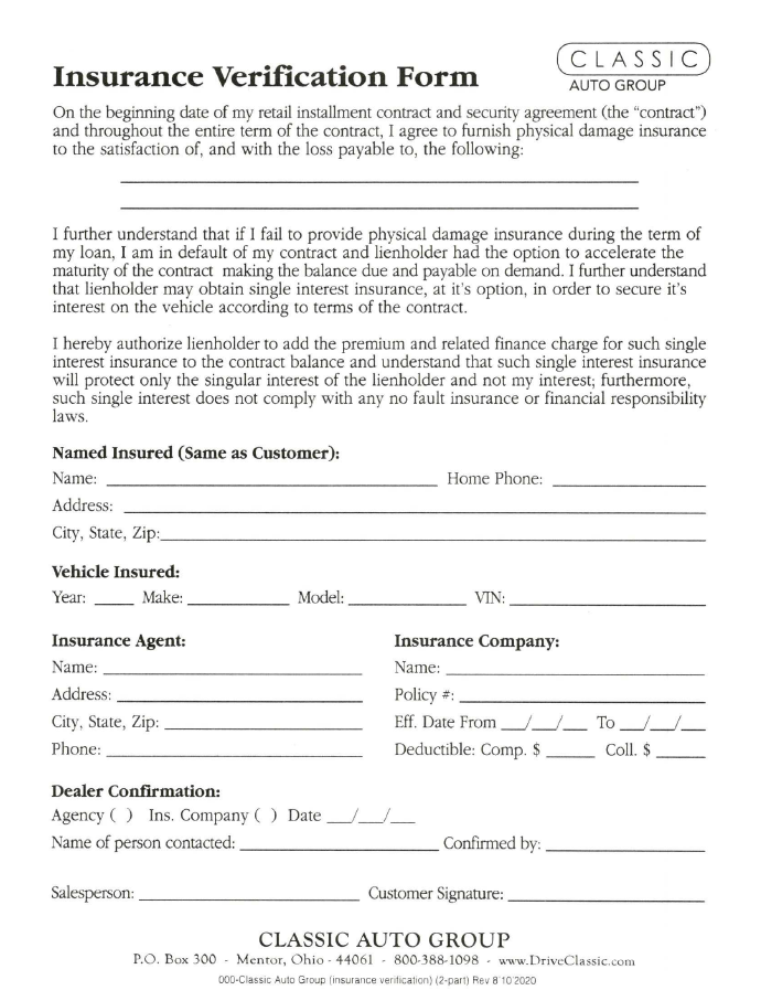 Insurance Verification Form (250) – Classic Supplies